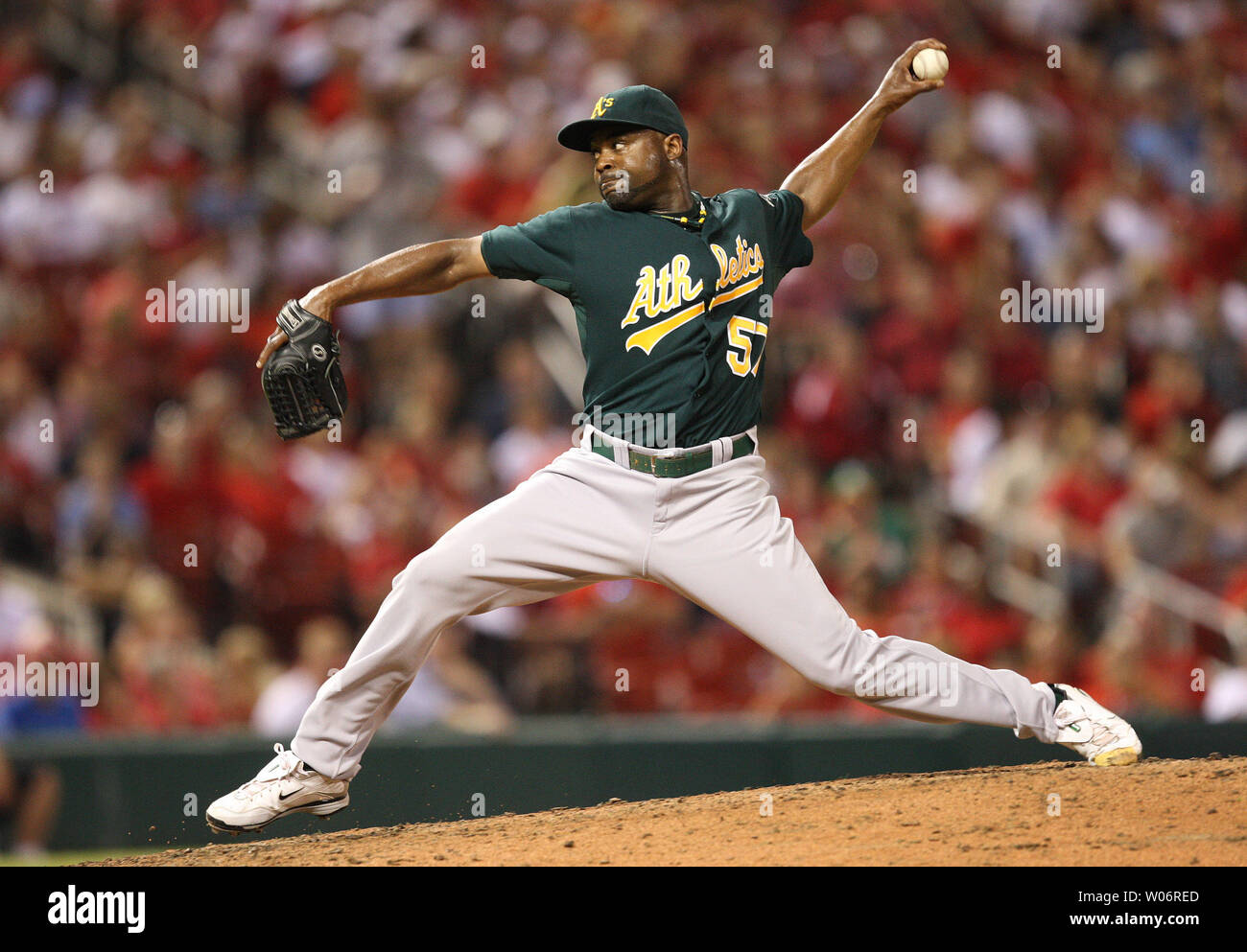 Oakland A's pitcher Cedrick Bowers delivers a pitch to the St. Louis ...