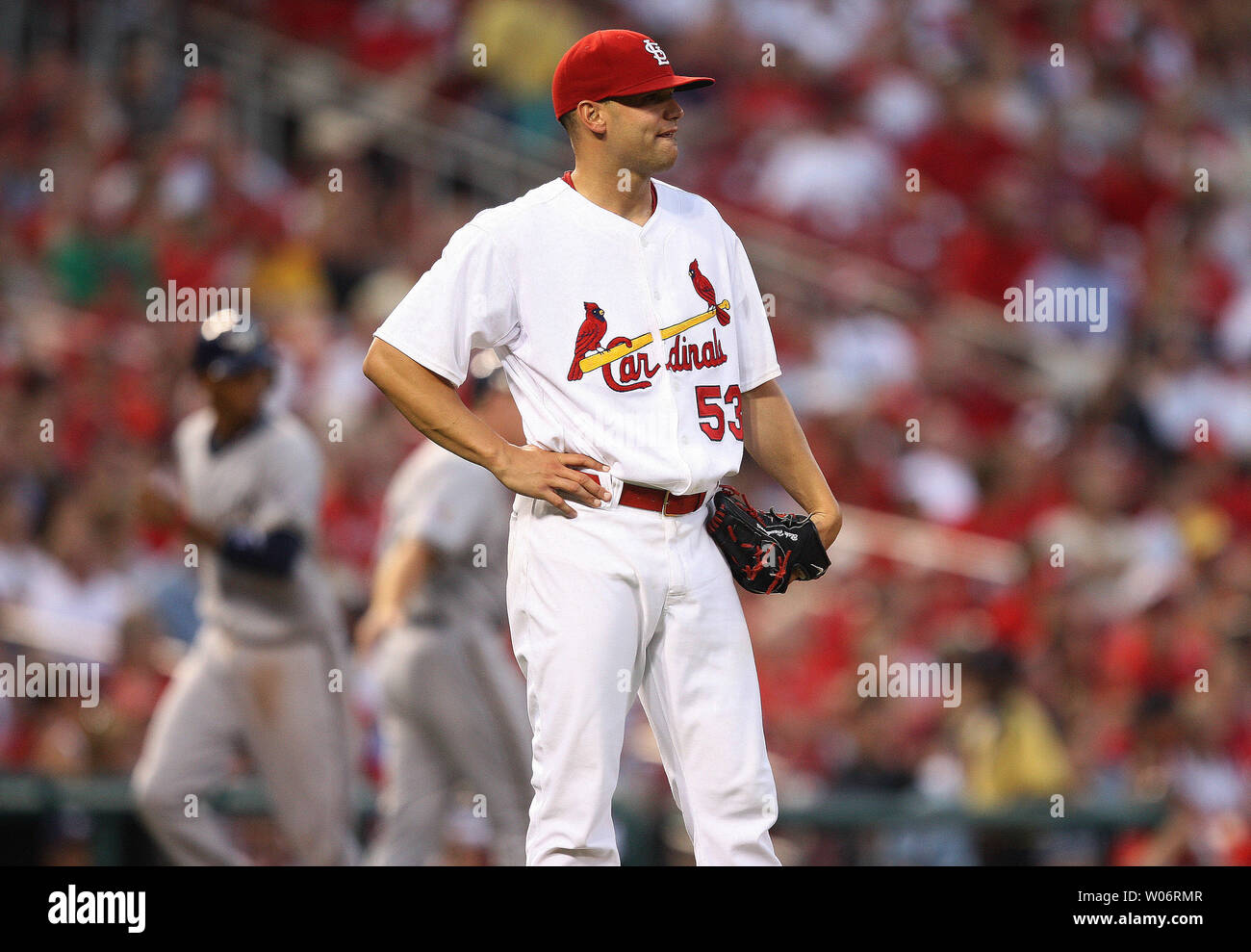 St. Louis Cardinals starting pitcher Blake Hawksworth watches the ...