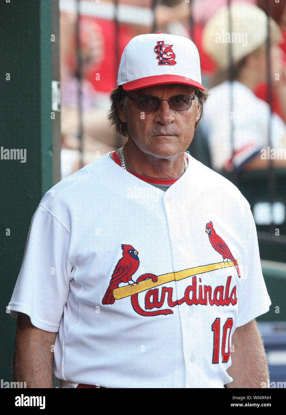 St. Louis Cardinals manager Tony La Russa looks up and down his bench ...