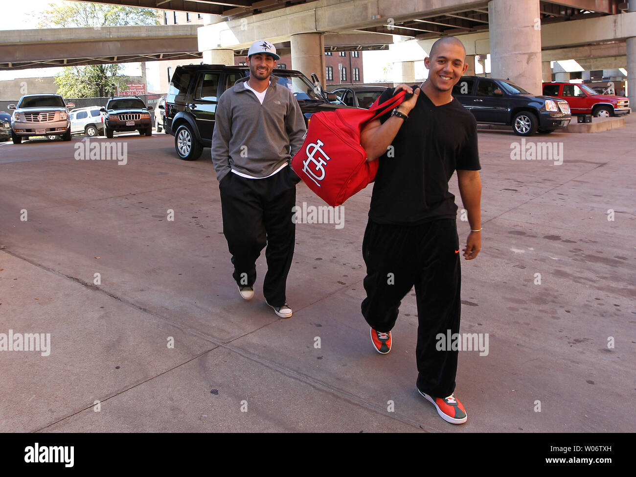 St. Louis Cardinals Jon Jay (R) and Daniel Descalso arrive at Busch ...