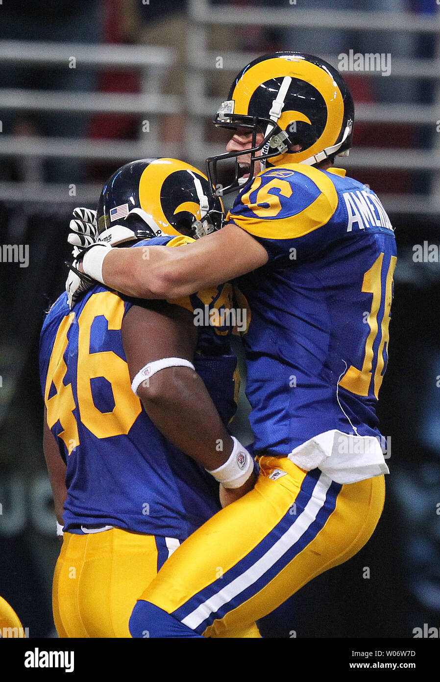 St. Louis Rams Danny Amendola (R) jumps into the arms of Daniel Fells ...