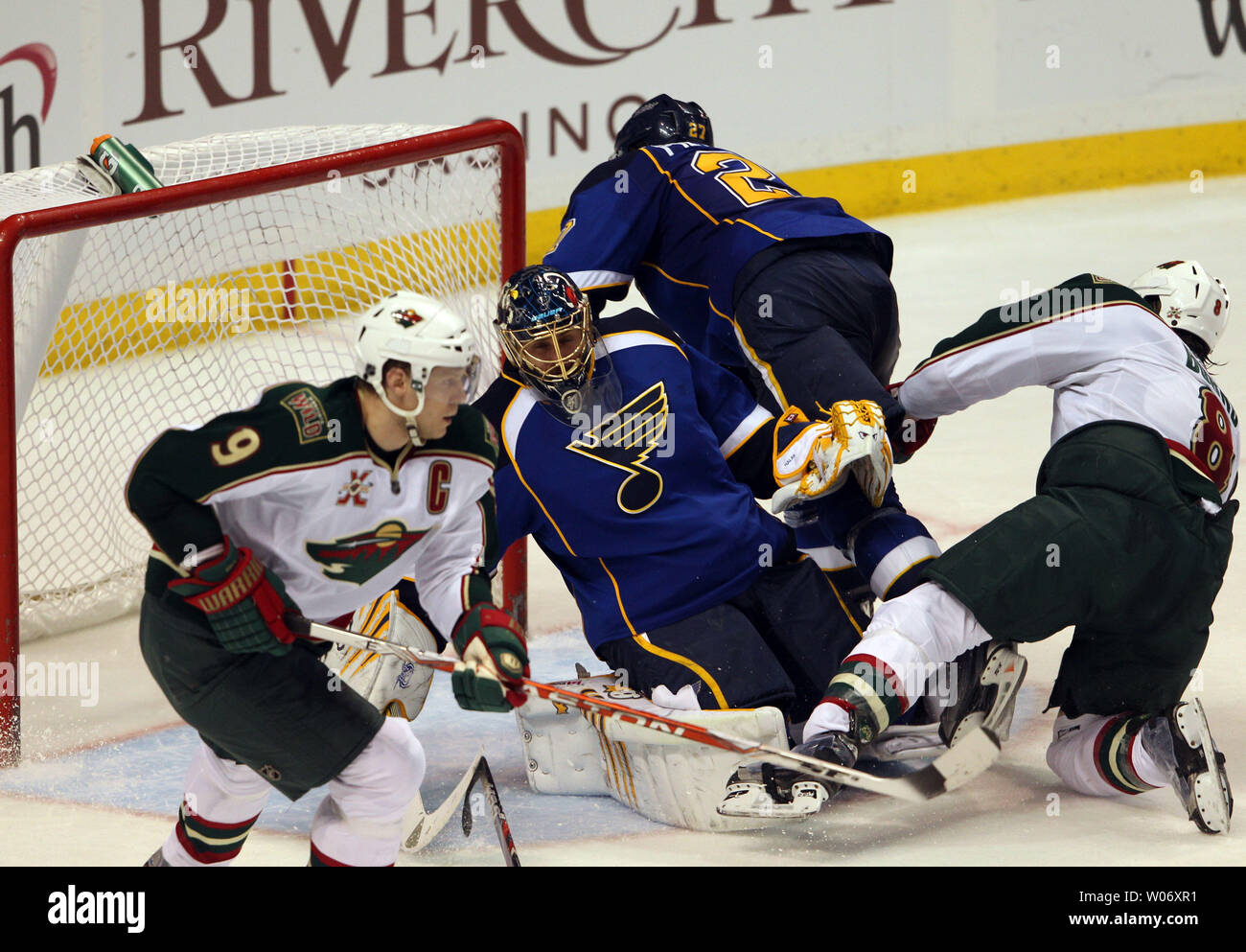 St. Louis Blues Alex Pietrangelo goes flying over his goaltender ...