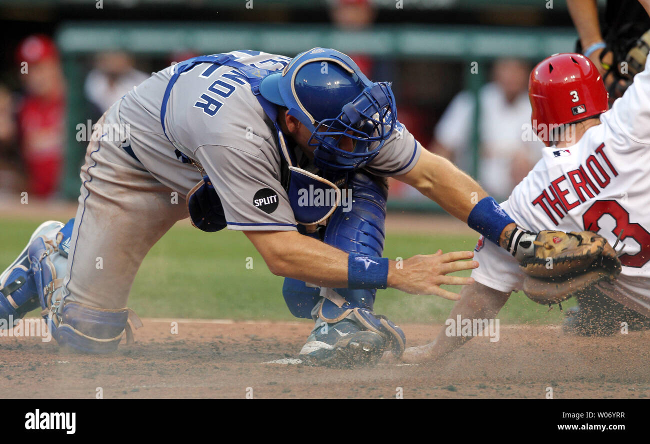 Kansas City Royals catcher Matt Treanor puts the tag on the sliding St ...