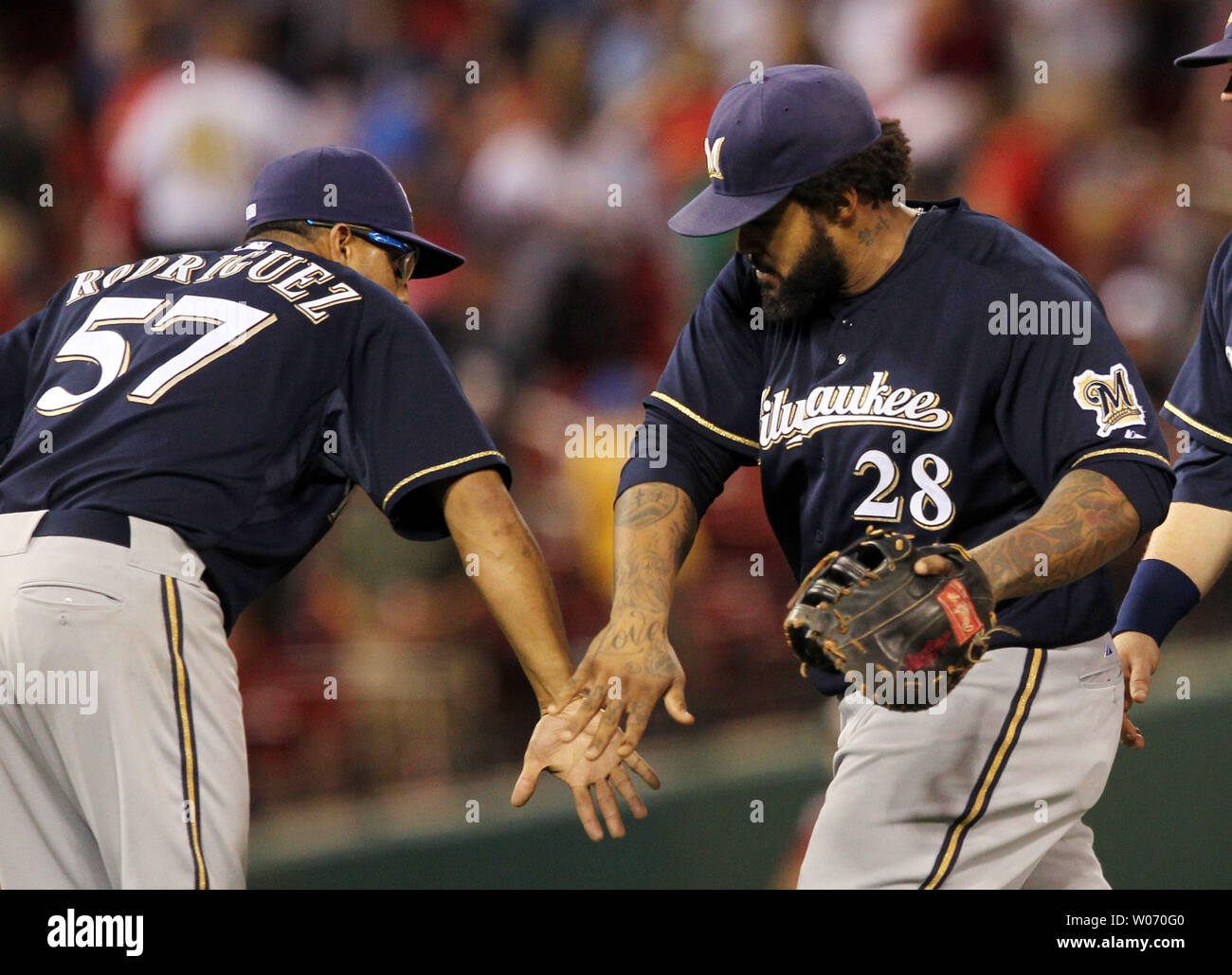 Milwaukee Brewers Prince Fielder (R) and pitcher Francisco Rodriguez ...