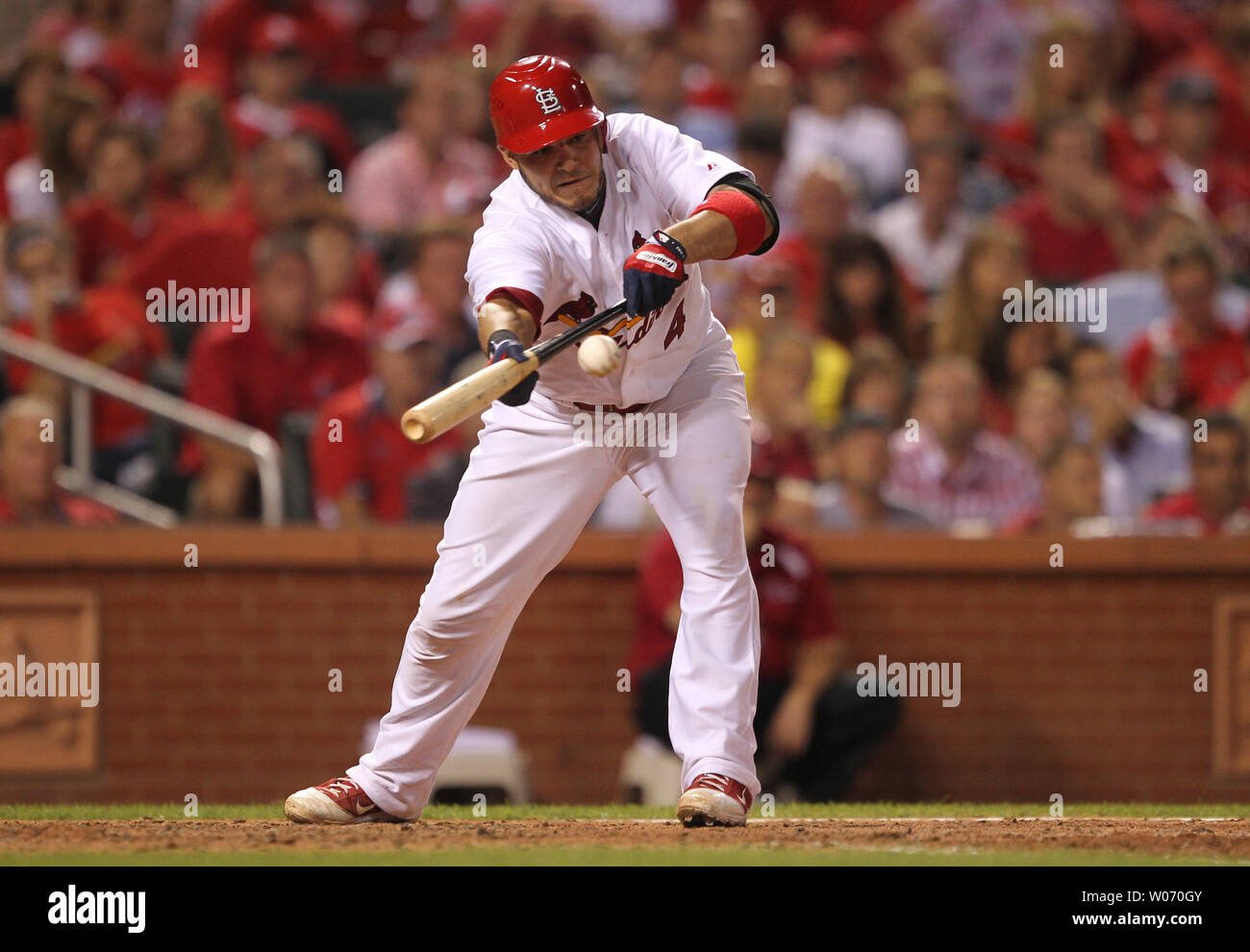 St. Louis Cardinals Yadier Molina successfully bunts to move the ...