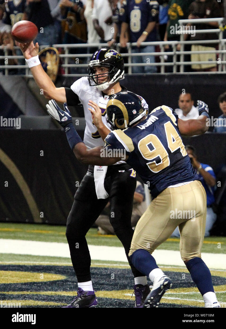 Baltimore Ravens Joe Flacco passes from his endzone as St.Louis Rams ...