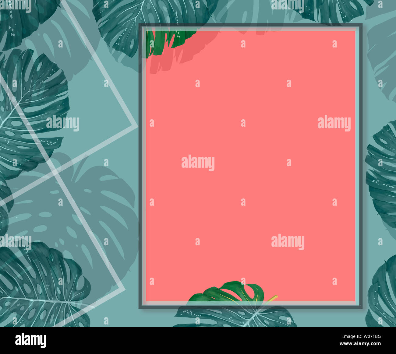 Tropical palm leaves frame on coral backdrop. Summer tropical leaf ...