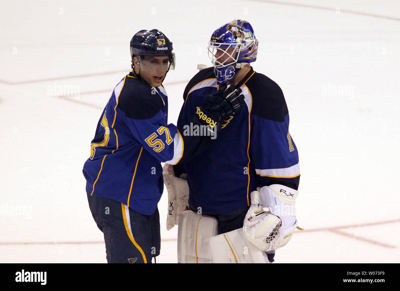 St. Louis Blues David Perron congratulates goaltender Brian Elliott ...