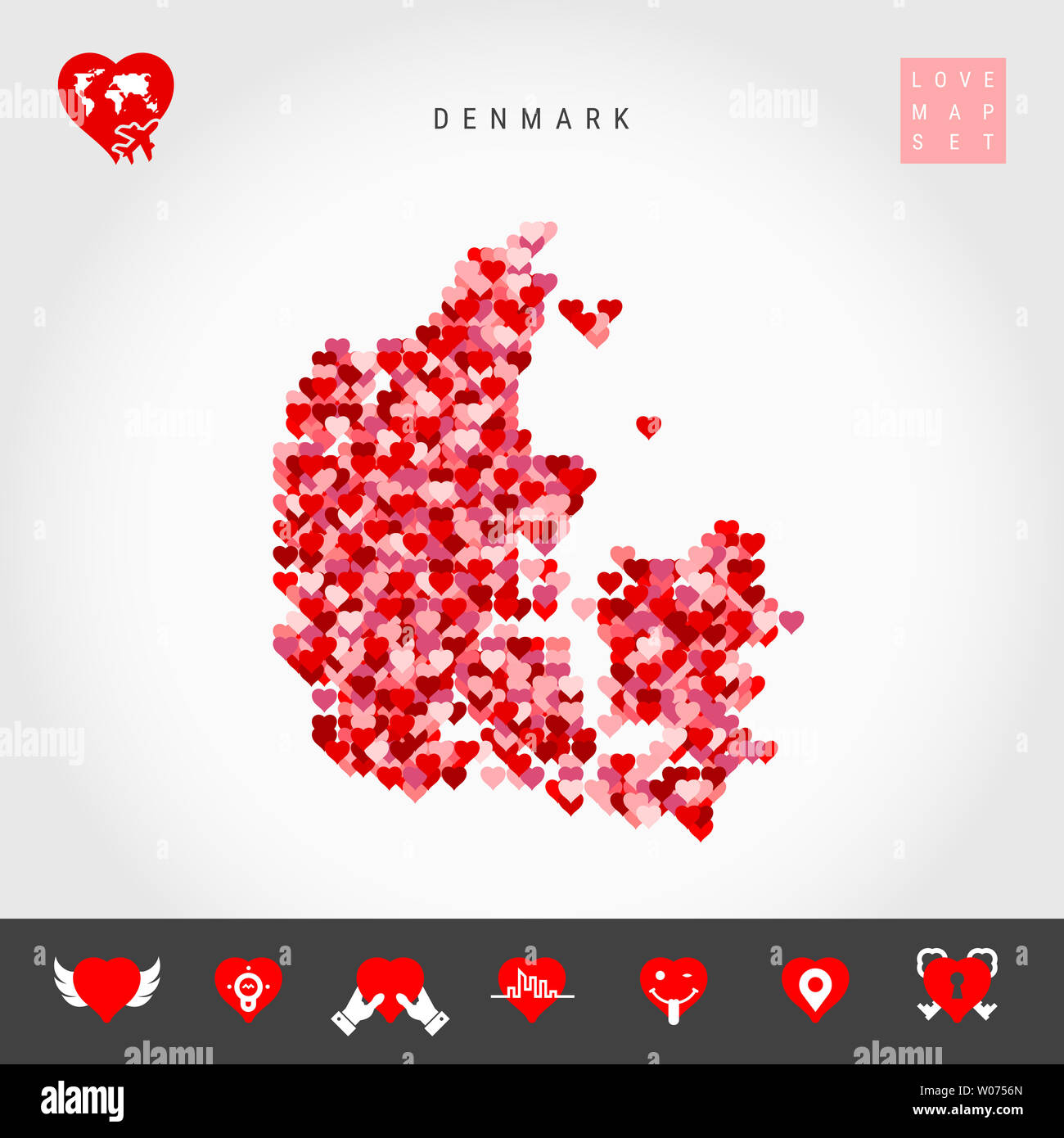 I Love Denmark. Red and Pink Hearts Pattern Map of Denmark Isolated on ...