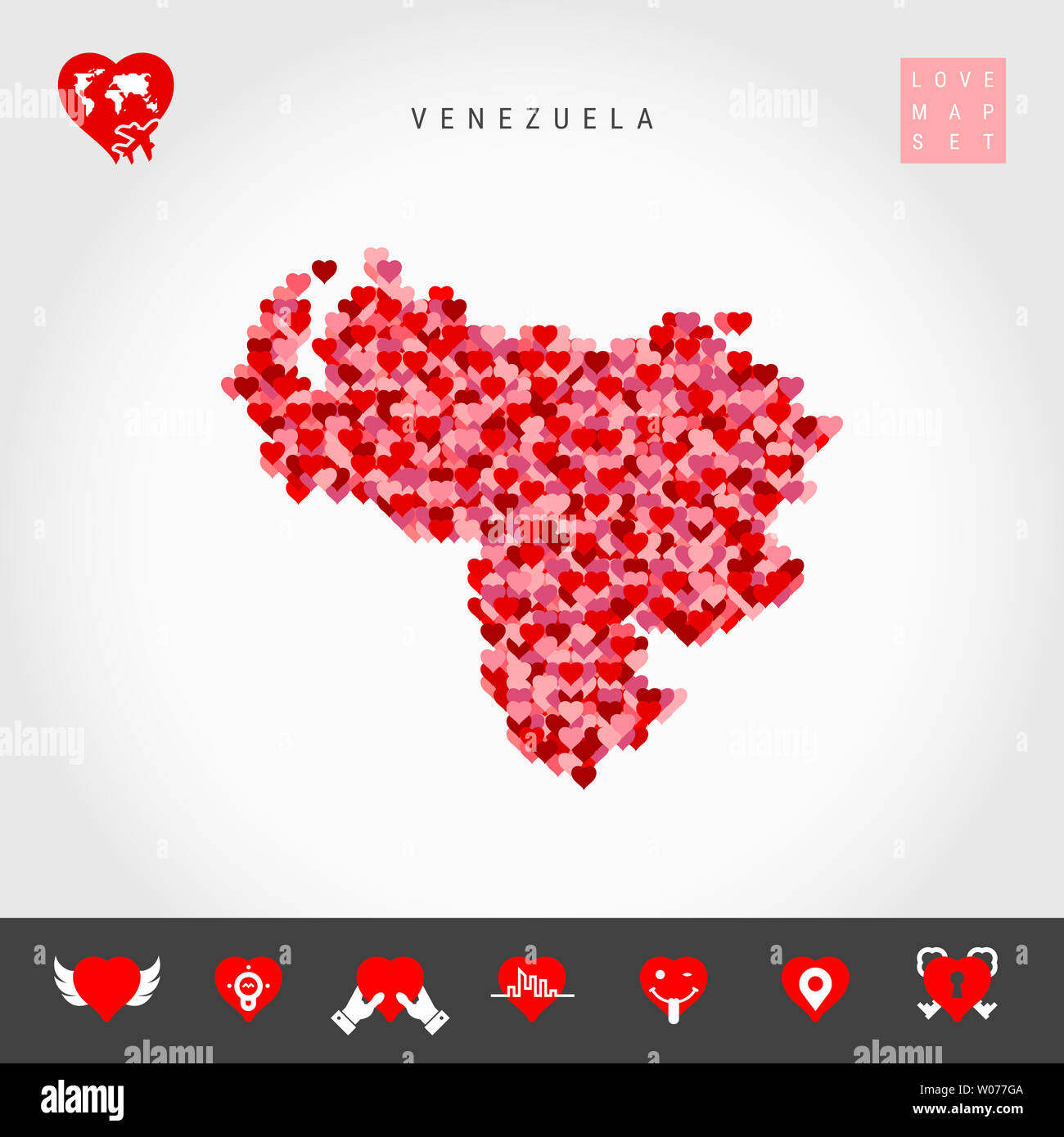 Red and Pink Hearts Pattern Map of Venezuela Isolated on Grey ...
