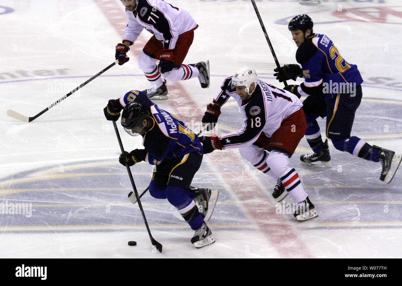St.Louis Blues' Andy McDonald (10) leads a rush againist Columbus Blue ...