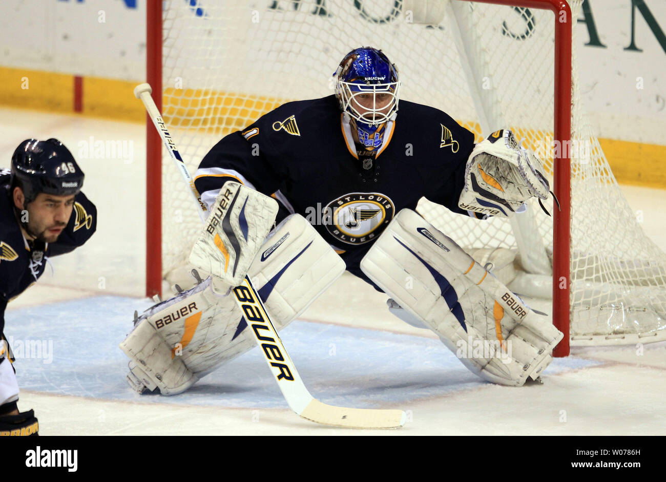 St. Louis Blues goaltender Brian Elliott prepares for the face off ...