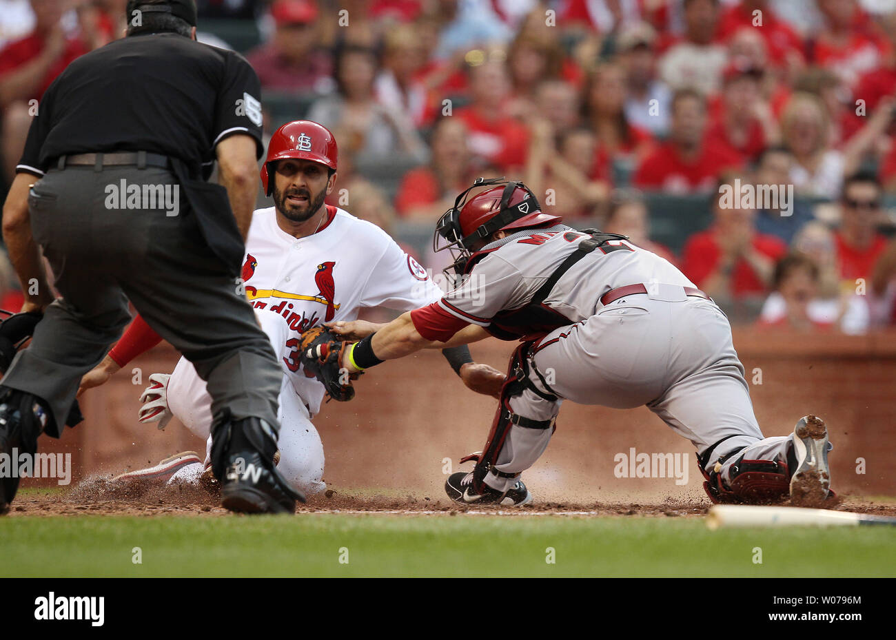 St. Louis Cardinals Daniel Descalso looks to home plate umpire Angel ...