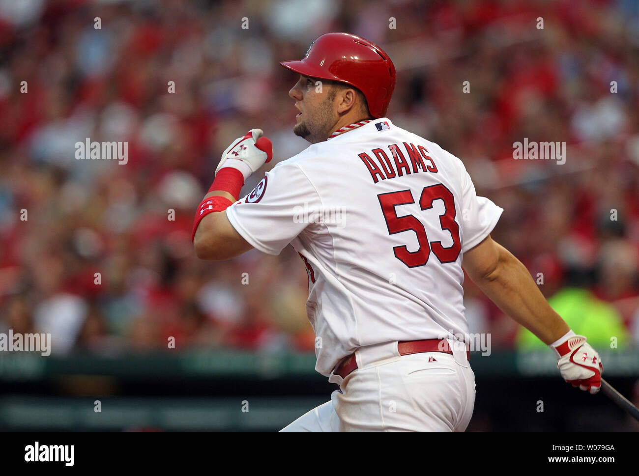St. Louis Cardinals Matt Adams swings, hitting a RBI double in the ...
