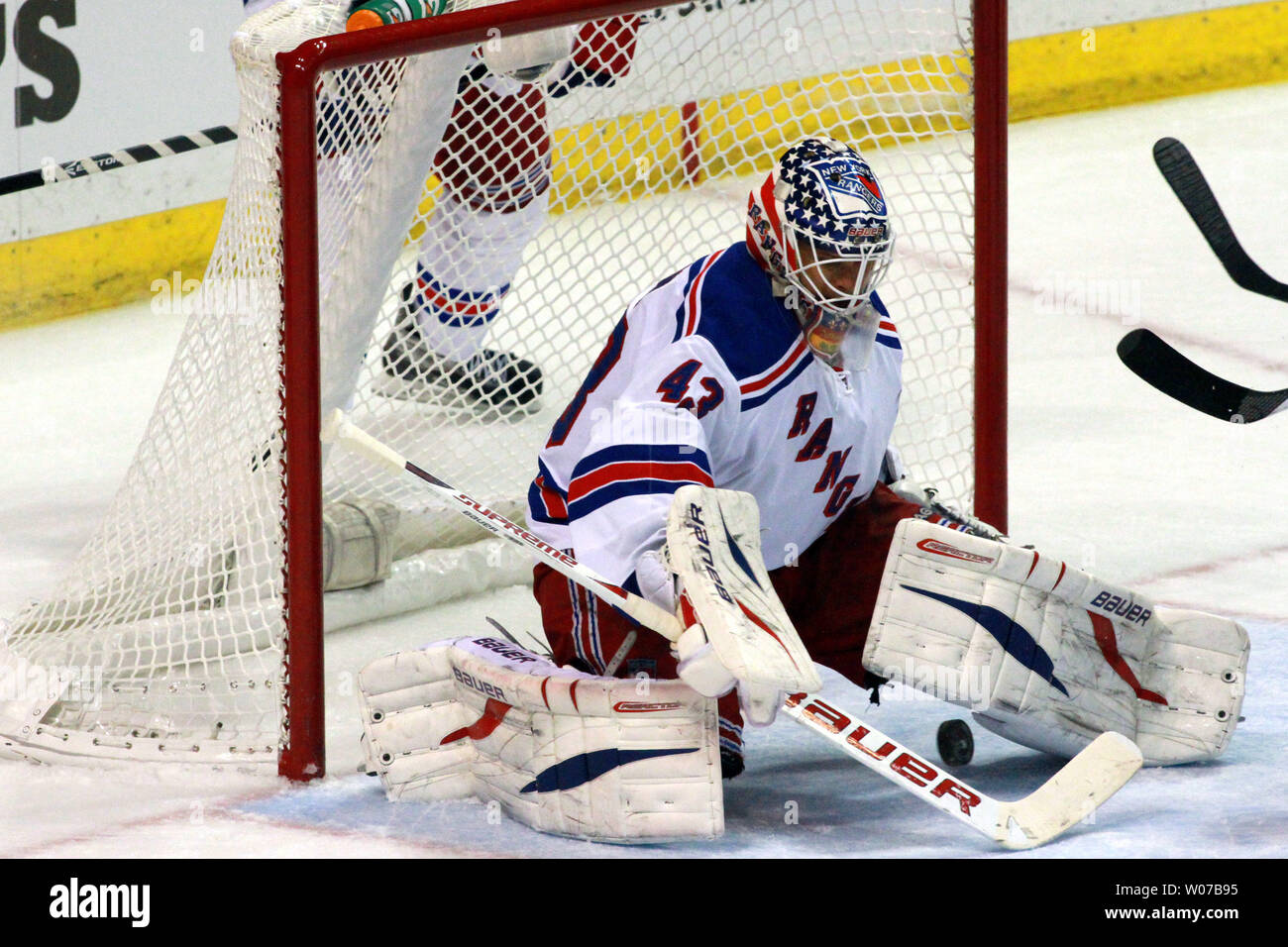 New York Rangers goaltender Martin Biron (43) blocks a St.Louis Blues ...
