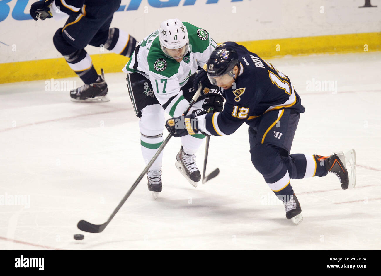 Dallas Stars Rich Peverley tries to slow St. Louis Blues Derek Roy (12 ...