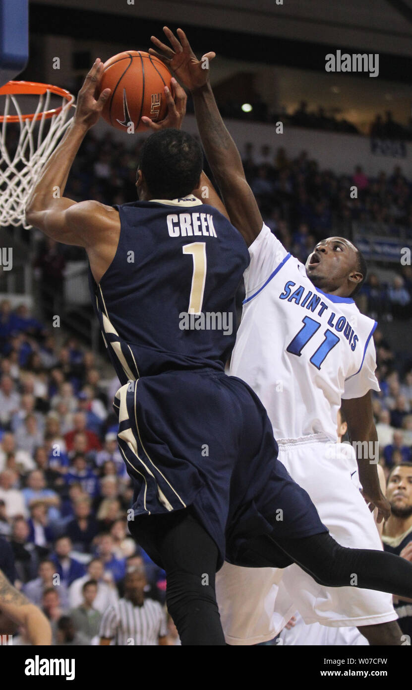 Saint Louis University Billikens Mike McCall Jr. (11) goes up to block ...