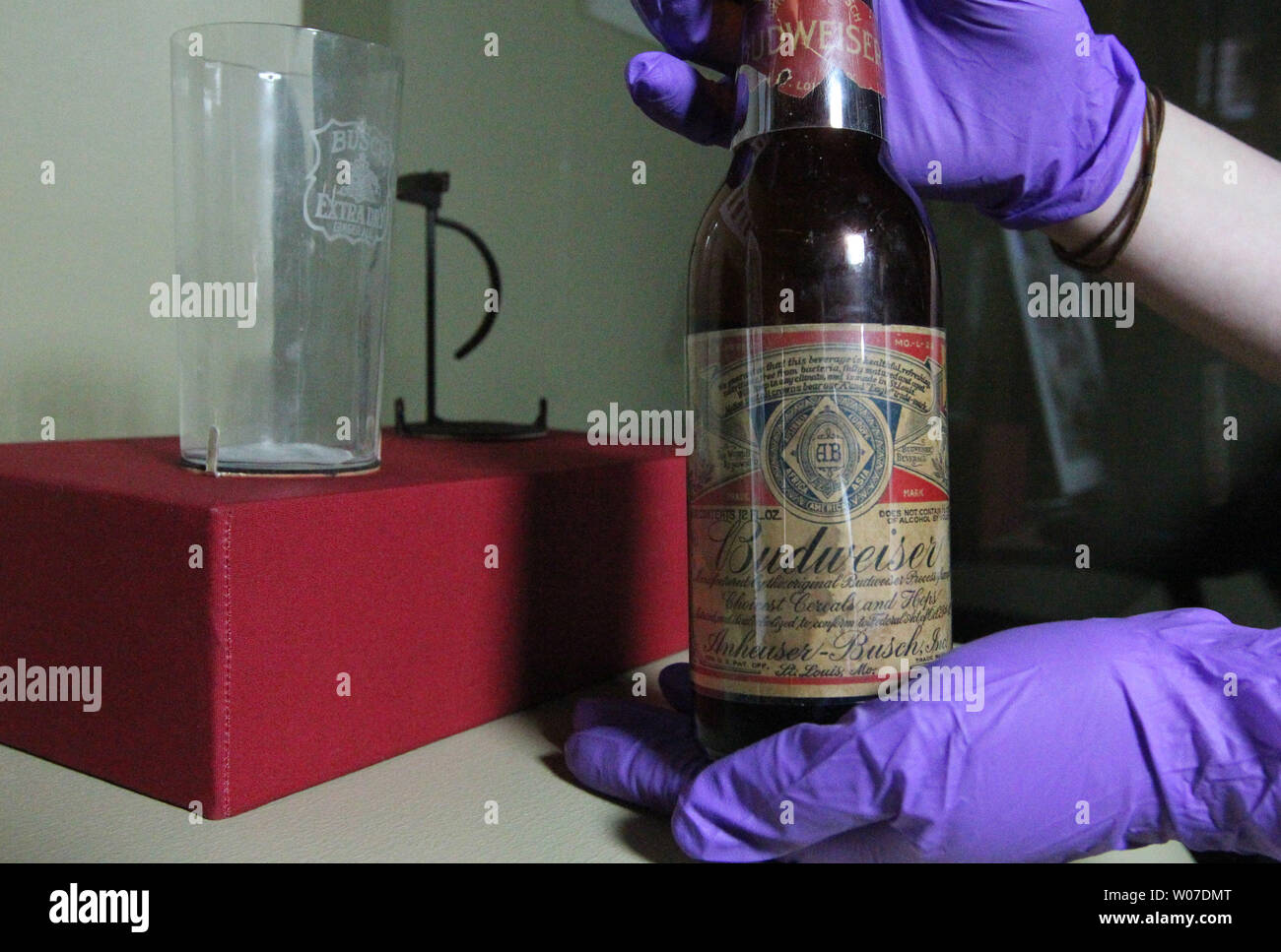 A bottle of non alcholic Anheuser Busch beer from the 1920's is being ...