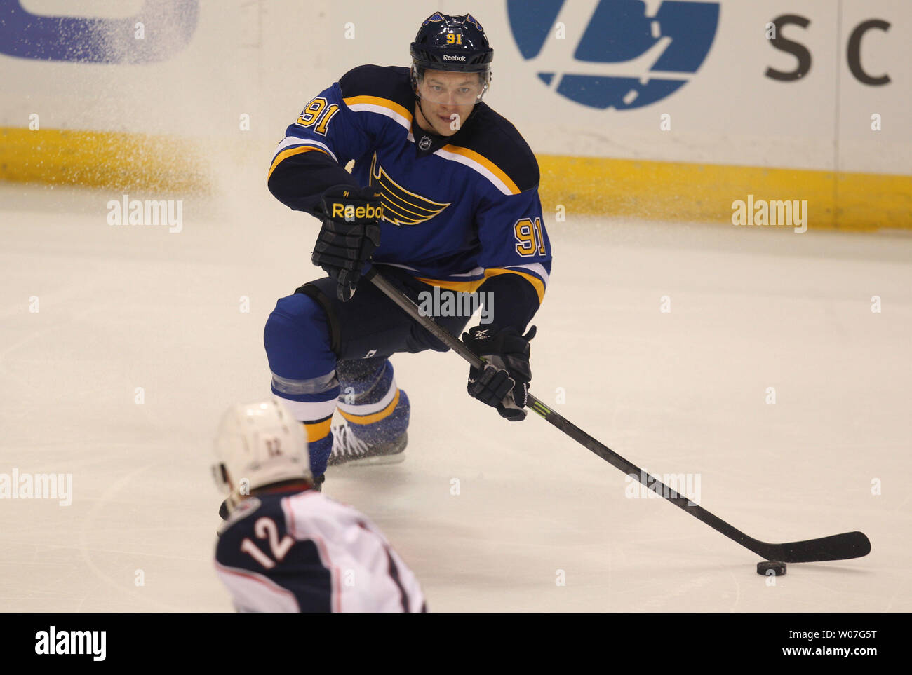 St. Louis Blues Vladimir Tarasenko passes the puck in front of the Columbus Blue Jackets goal in ...