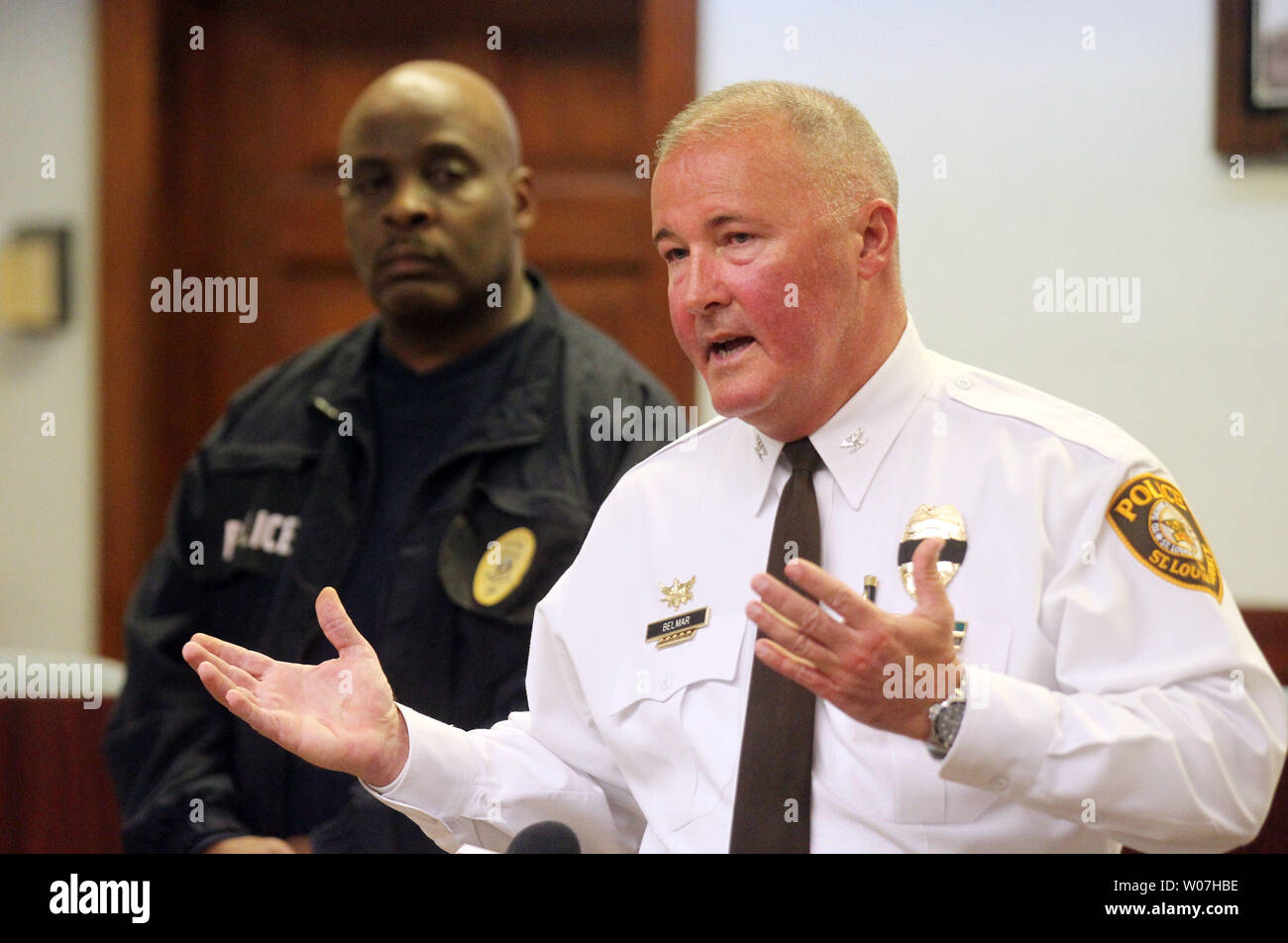 St. Louis County Police Chief Jon Belmar briefs reporters about a ...