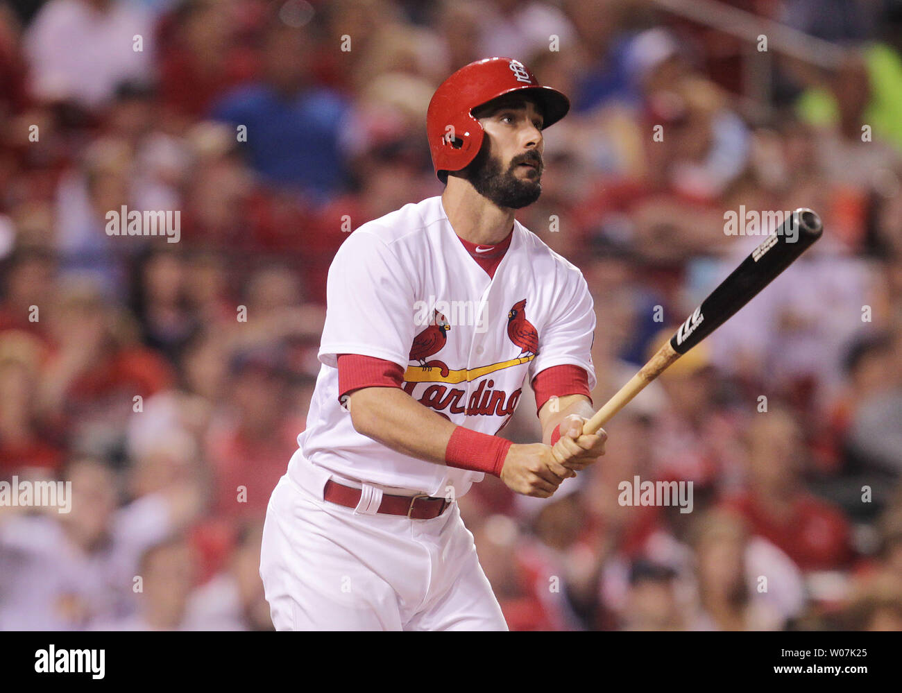 St. Louis Cardinals Matt Carpenter watches his three run home run leave ...