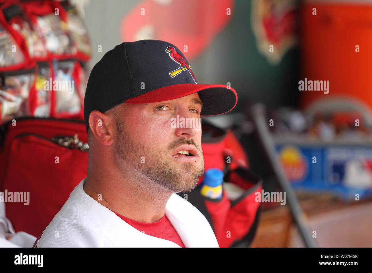 St. Louis Cardinals pitcher Jonathan Braxton sits in the dugout during ...
