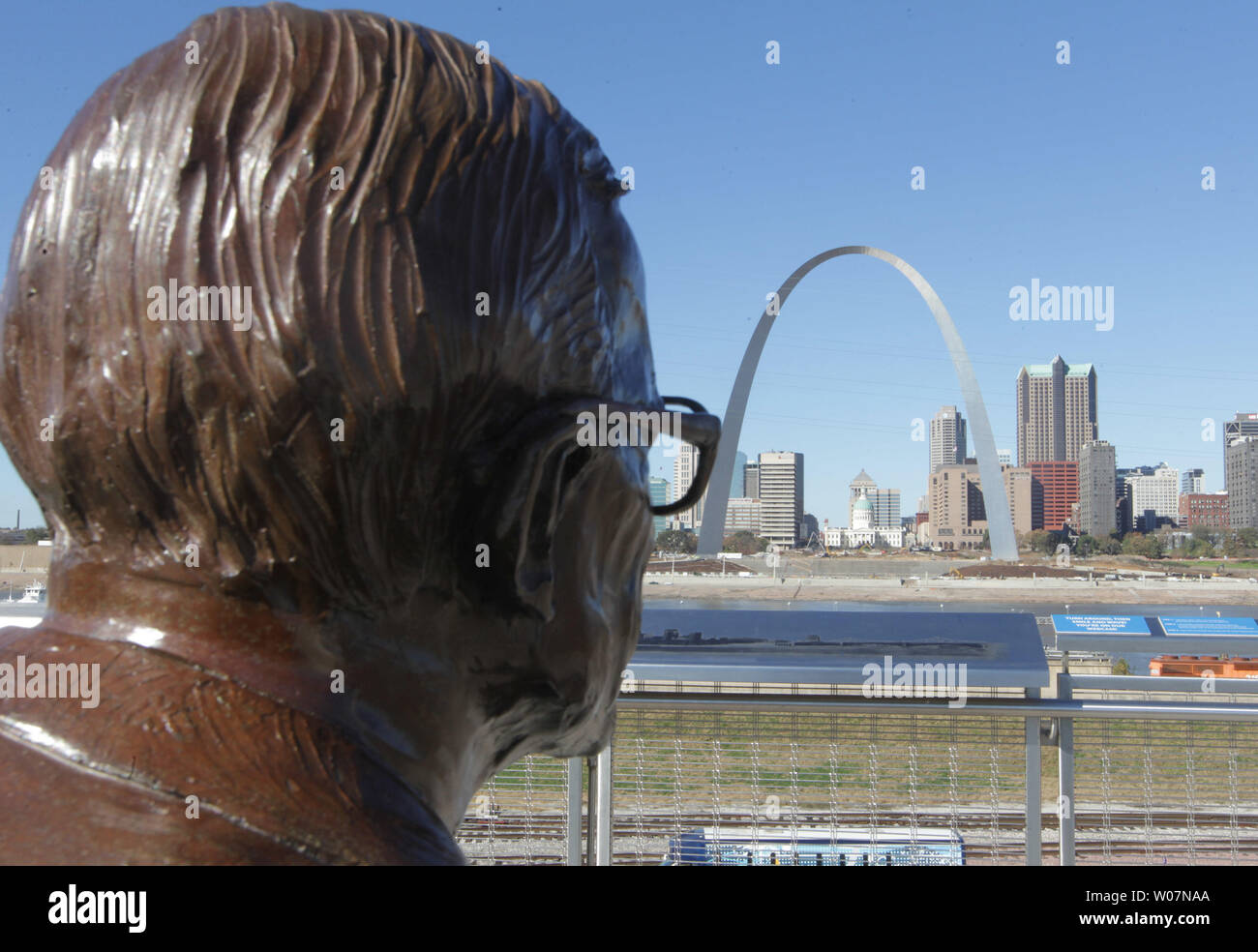 The statue of visionary Malcolm W Martin watches the Gateway Arch from ...