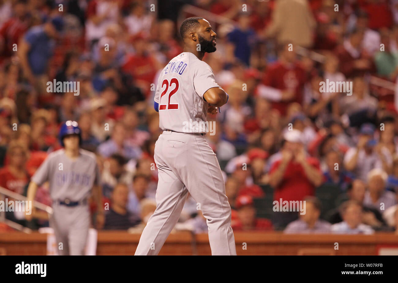 Chicago Cubs Jason Heyward walks to his position after striking out in ...
