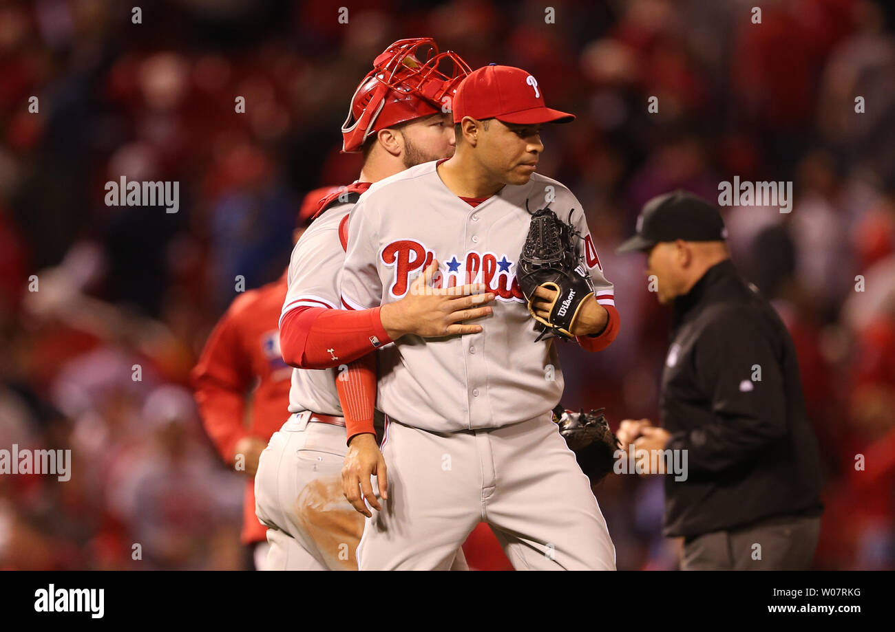 Philadelphia Phillies catcher Cameron Rupp hugs pitcher Jerad Eickhoff ...