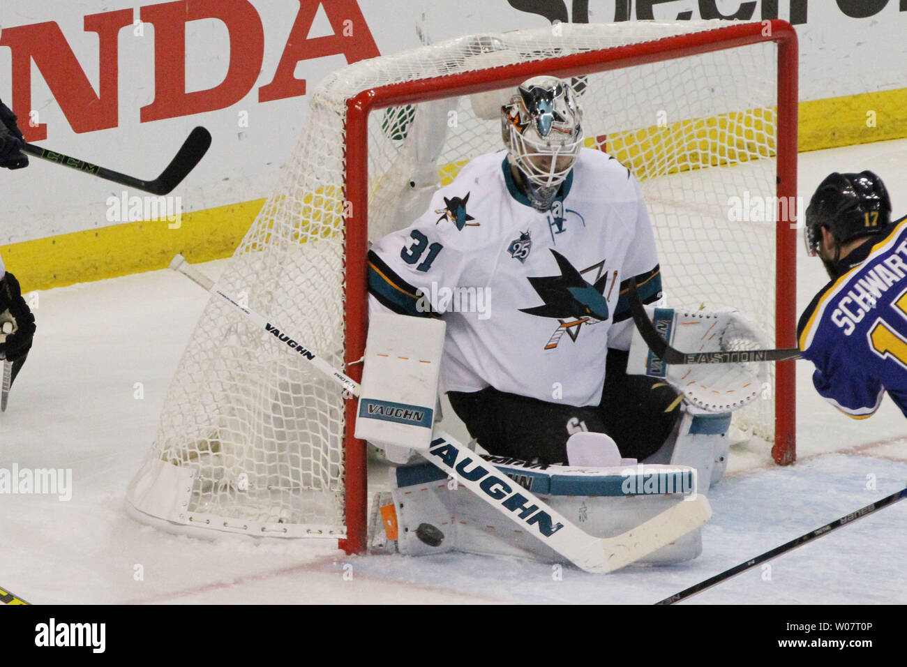 San Jose Sharks goaltender Martin Jones blocks a shot from St. Louis ...