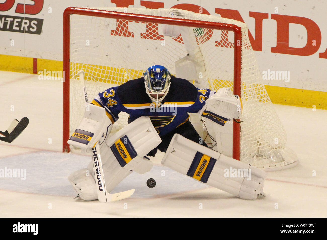St. Louis Blues Jake Allen blocks a San Jose Sharks shot in the first ...