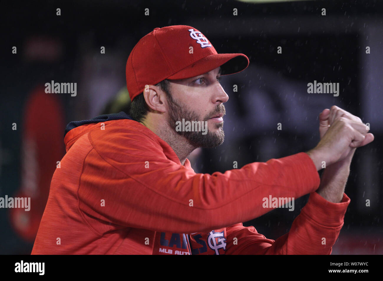 St. Louis Cardinals Adam Wainwright works on his batting stance and ...