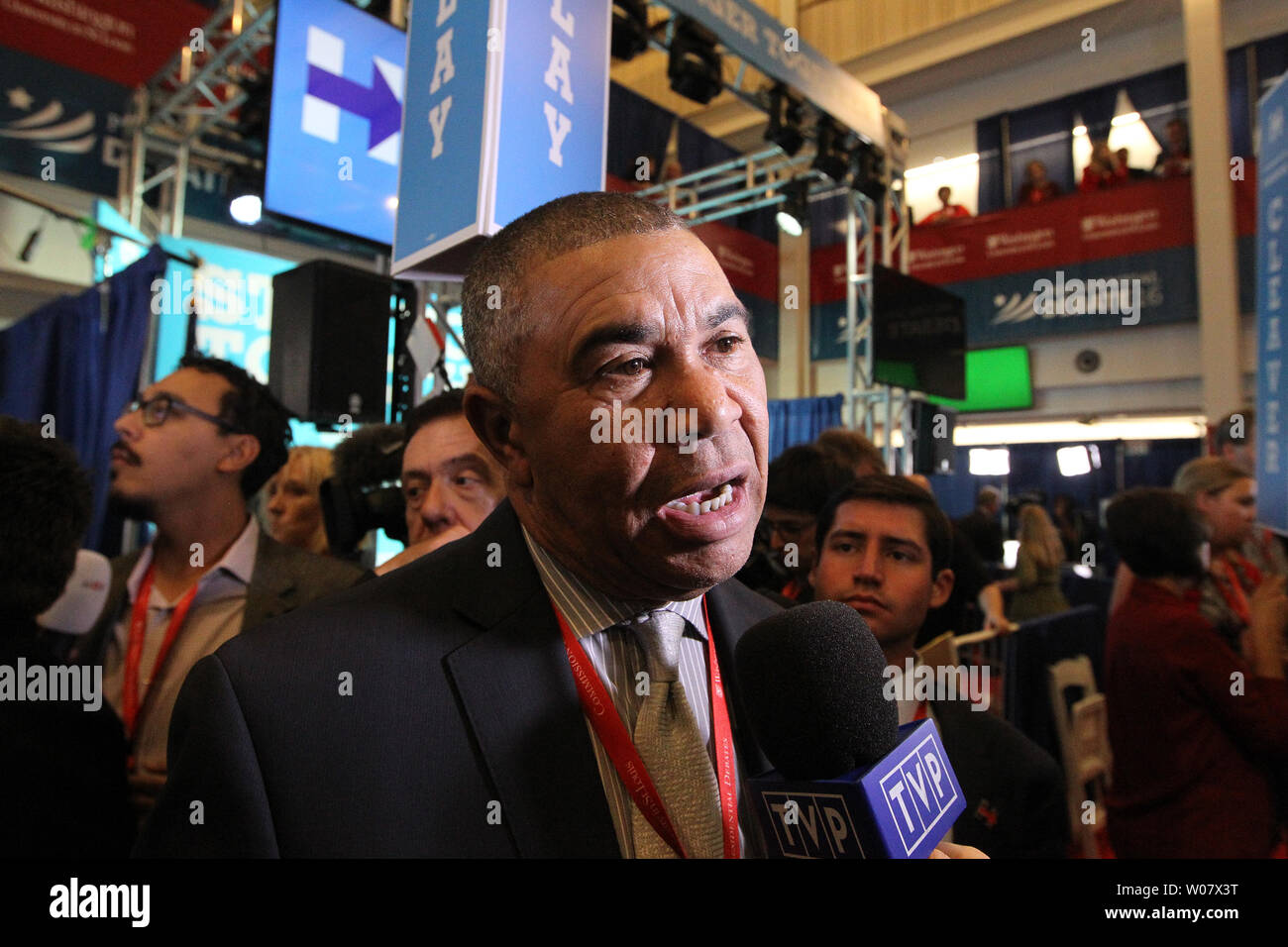 William "Lacy" Clay (D-Mo) speaks to reporters in the spin room ...