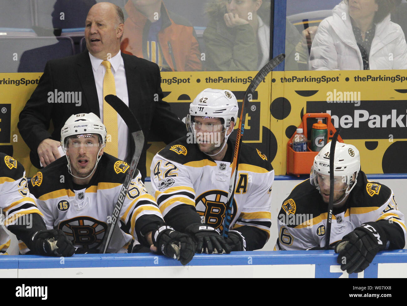 Former St. Louis Blues now Boston Bruins David Backes, watches his team ...