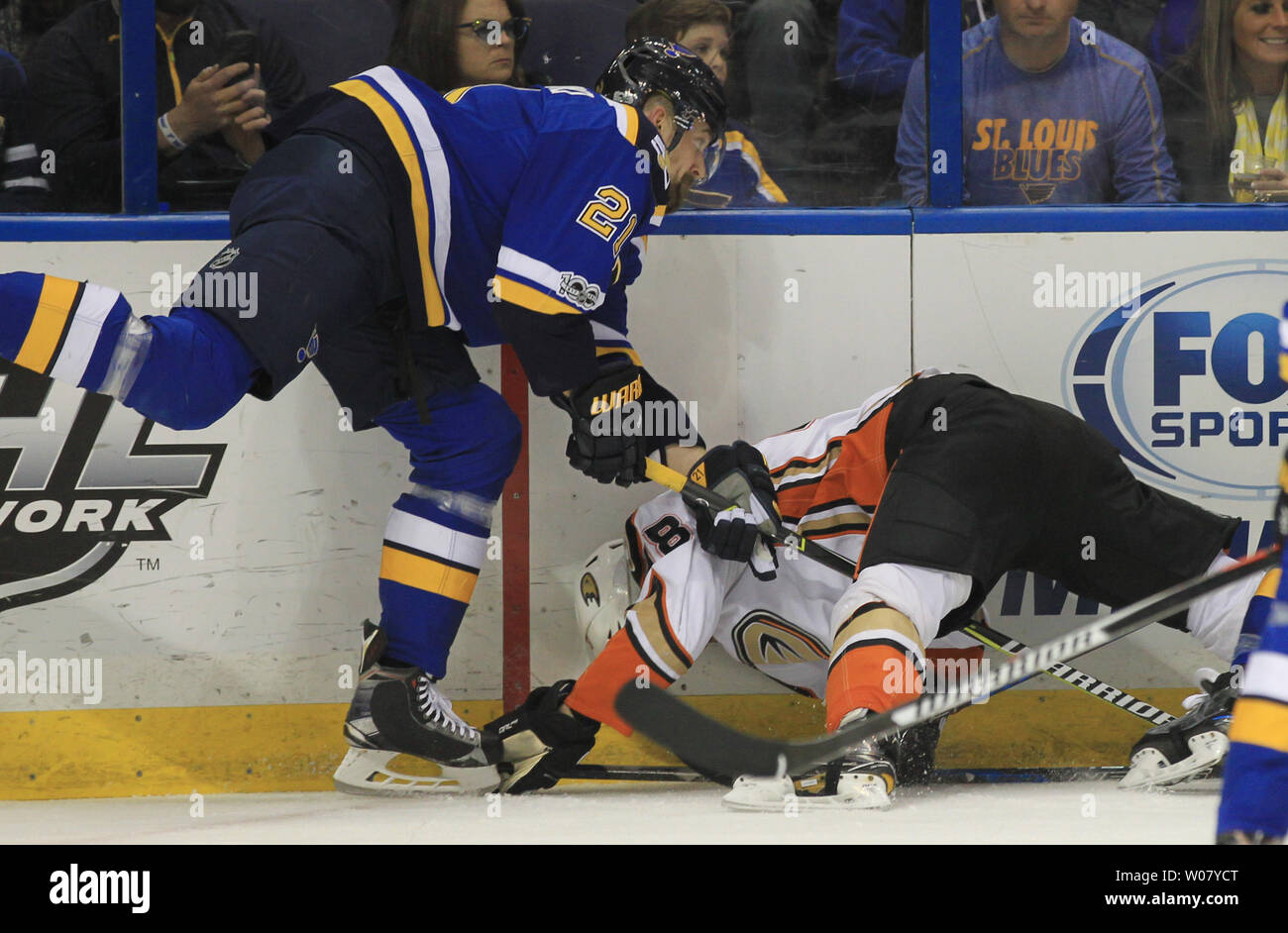 St. Louis Blues Patrik Berglund takes Anahein Ducks Logan Shaw to the ...