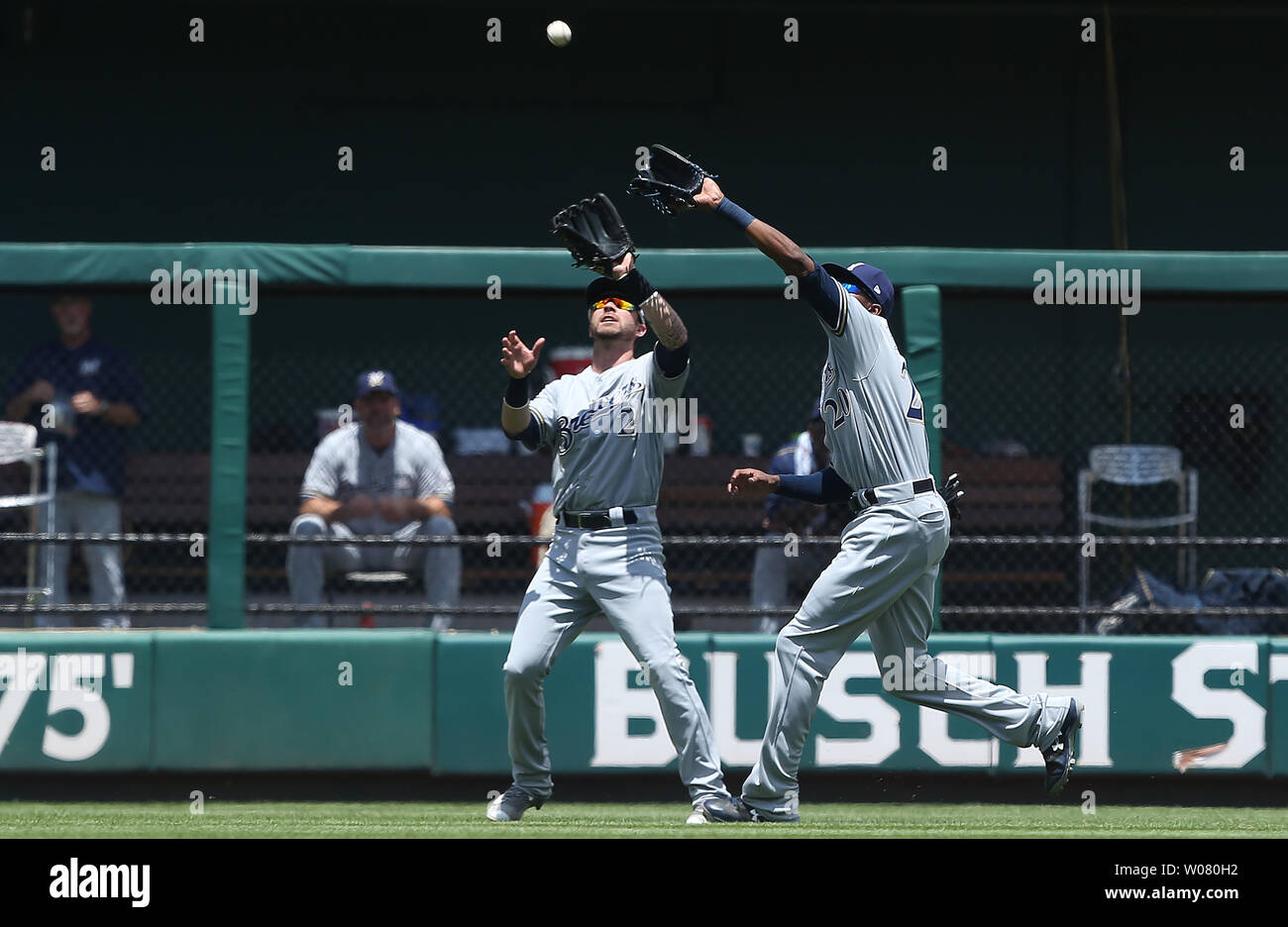 Milwaukee Brewers Nick Franklin and Lewis Brinson (20) get into ...