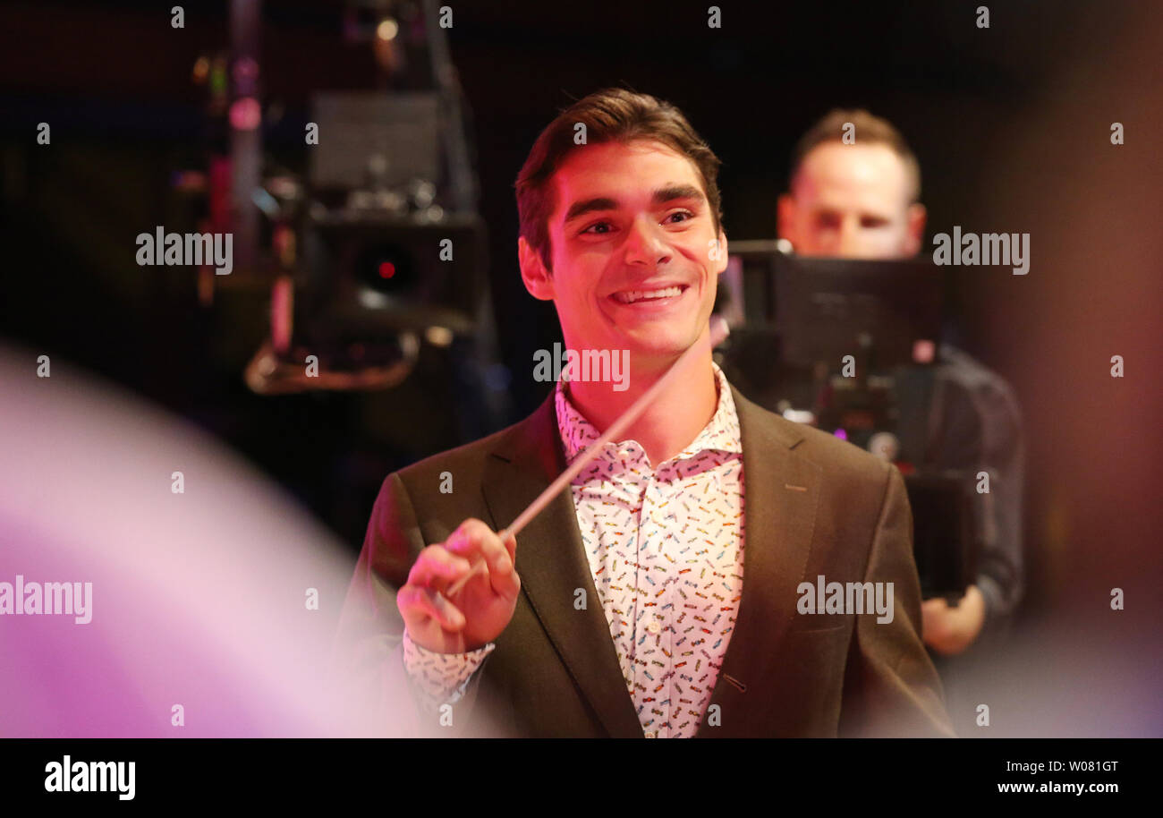 Actor RJ Mitte of Breaking Bad fame, conducts a childrens choir during ...
