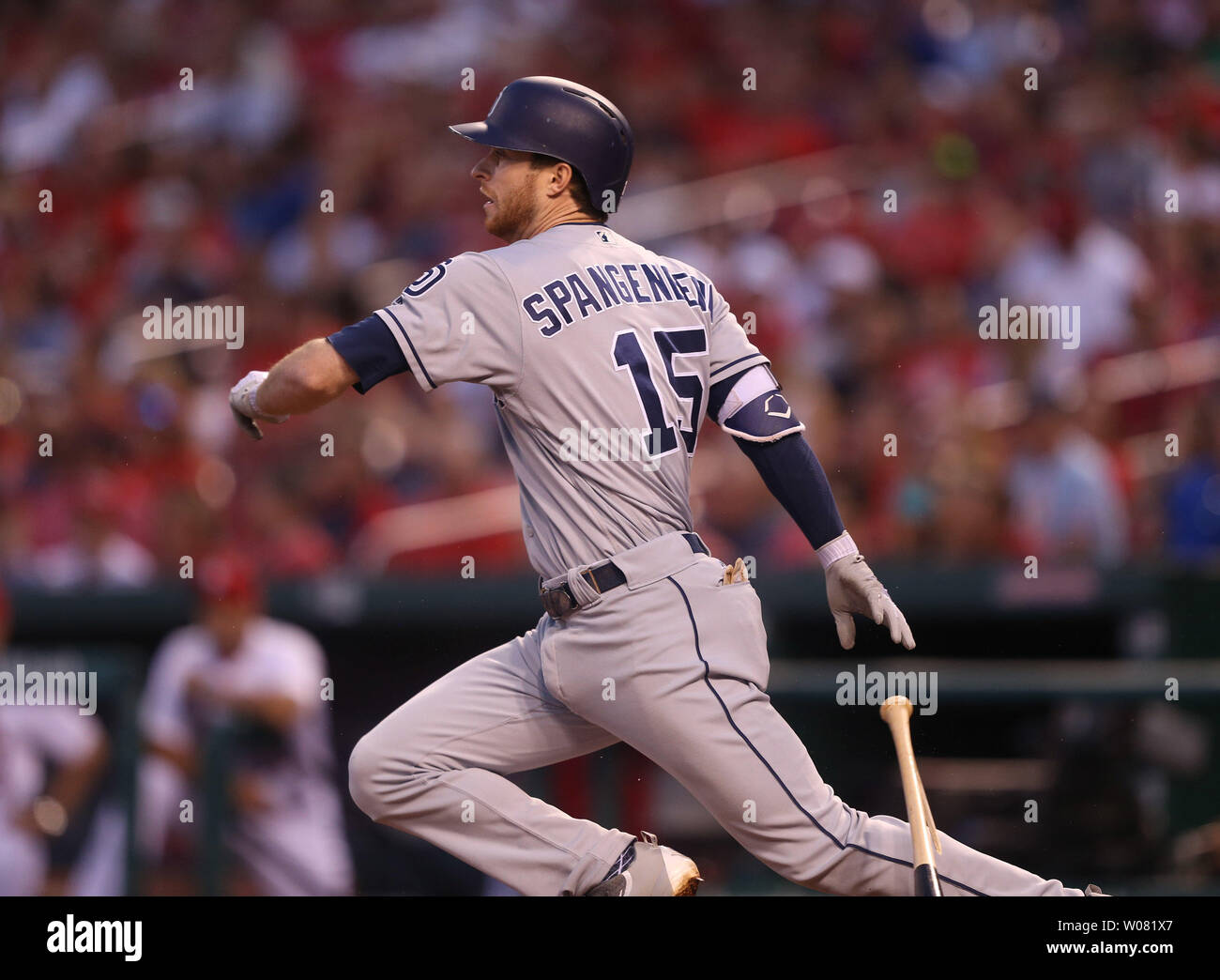 San Diego Padres Cory Spangenberg swings reaching base on a fielder's ...