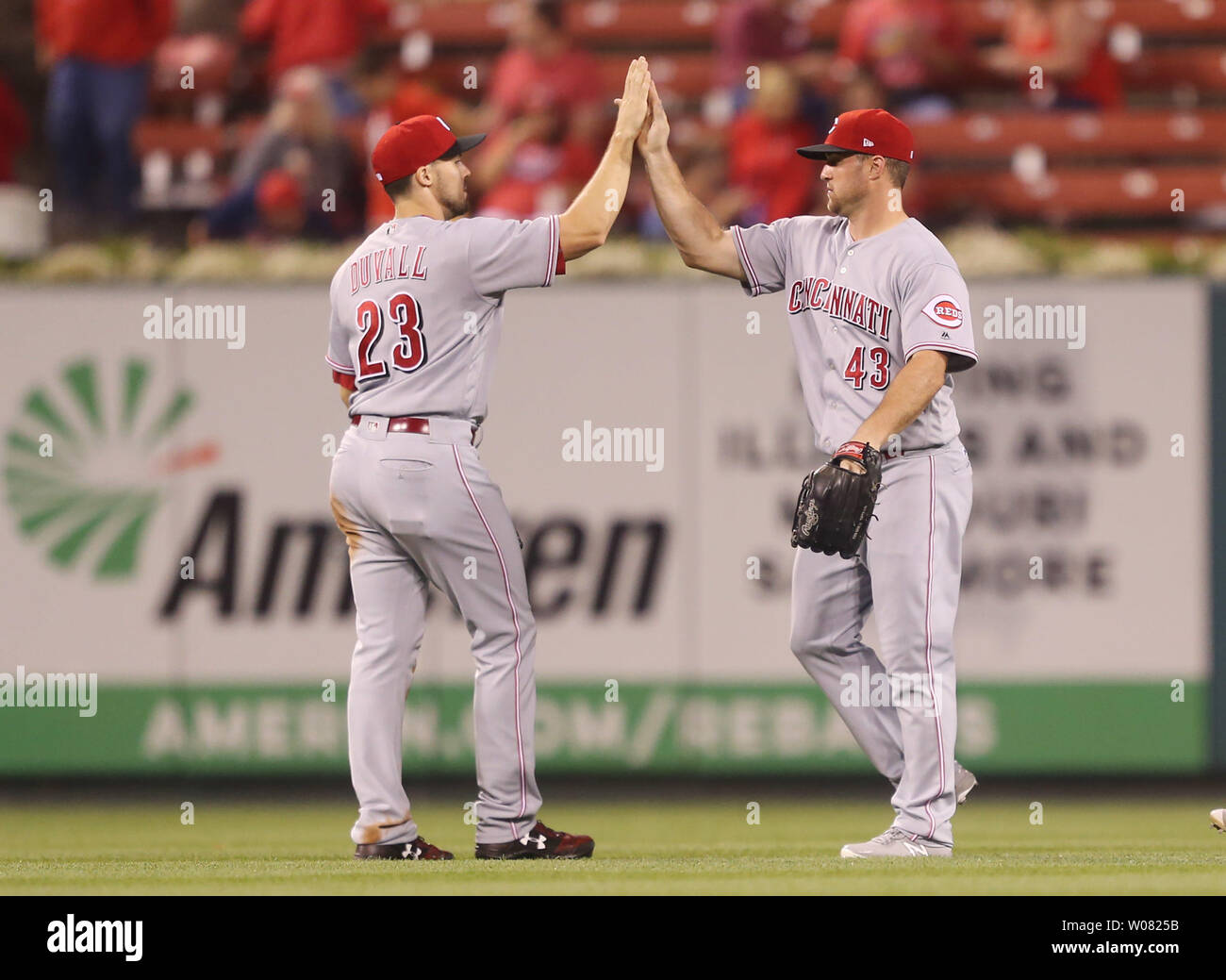 Cincinnati Reds Adam Duvall (L) celebrates a 6-0 win over the St. Louis ...