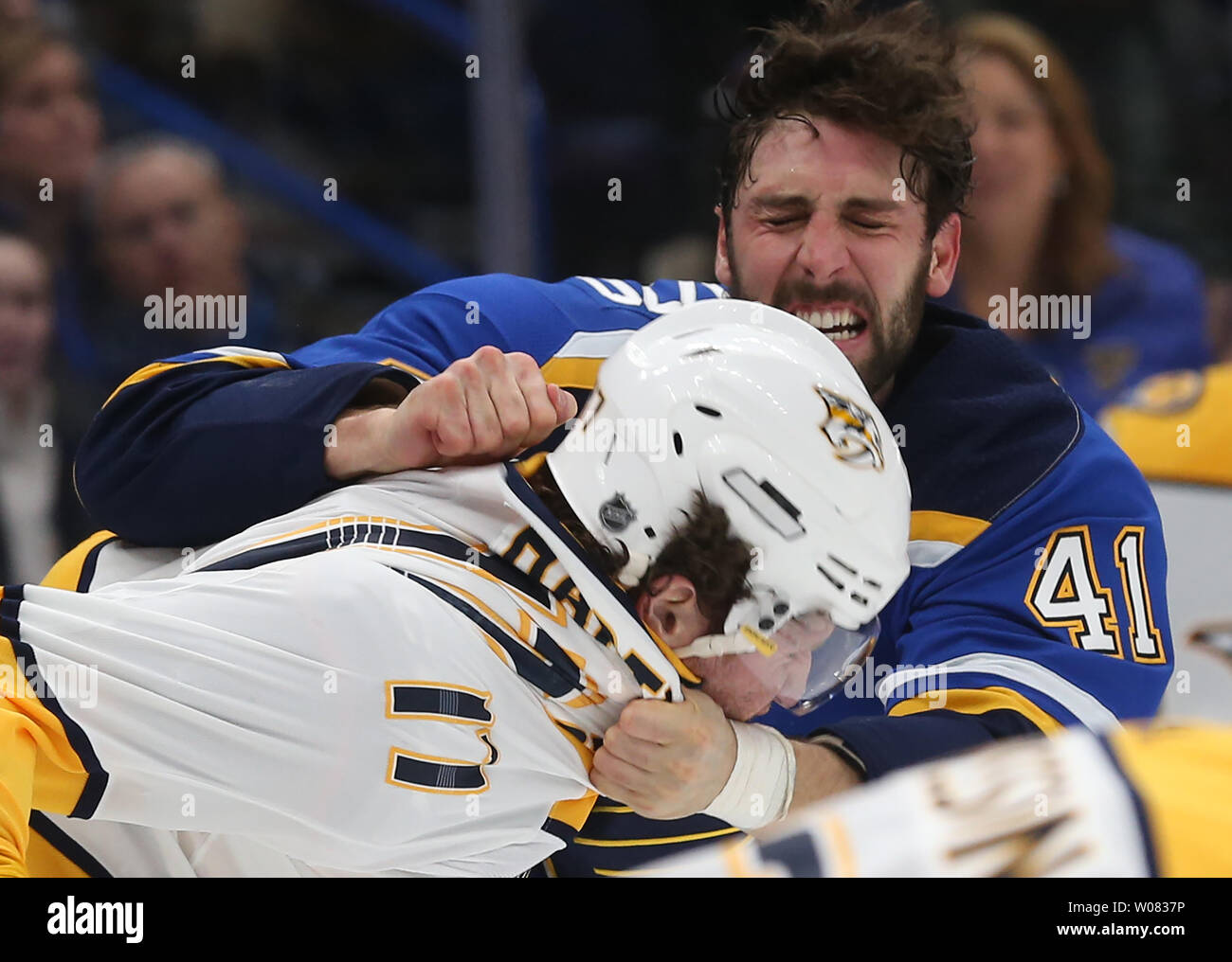 St. Louis Blues Robert Bortuzzo connects to the head of Nashville ...