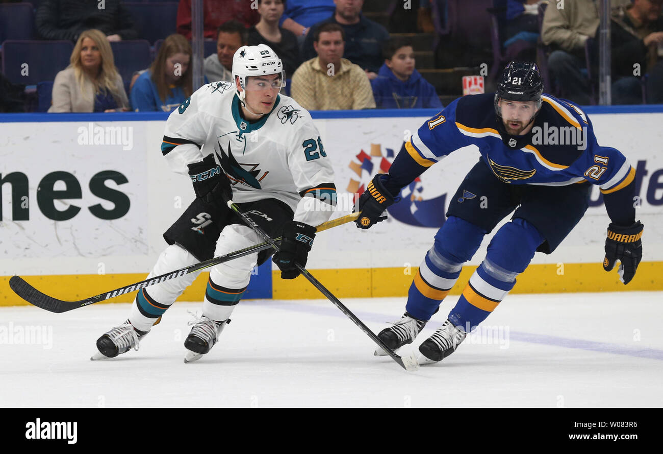 St. Louis Blues Patrik Berglund of Sweden uses his stick to slow San ...