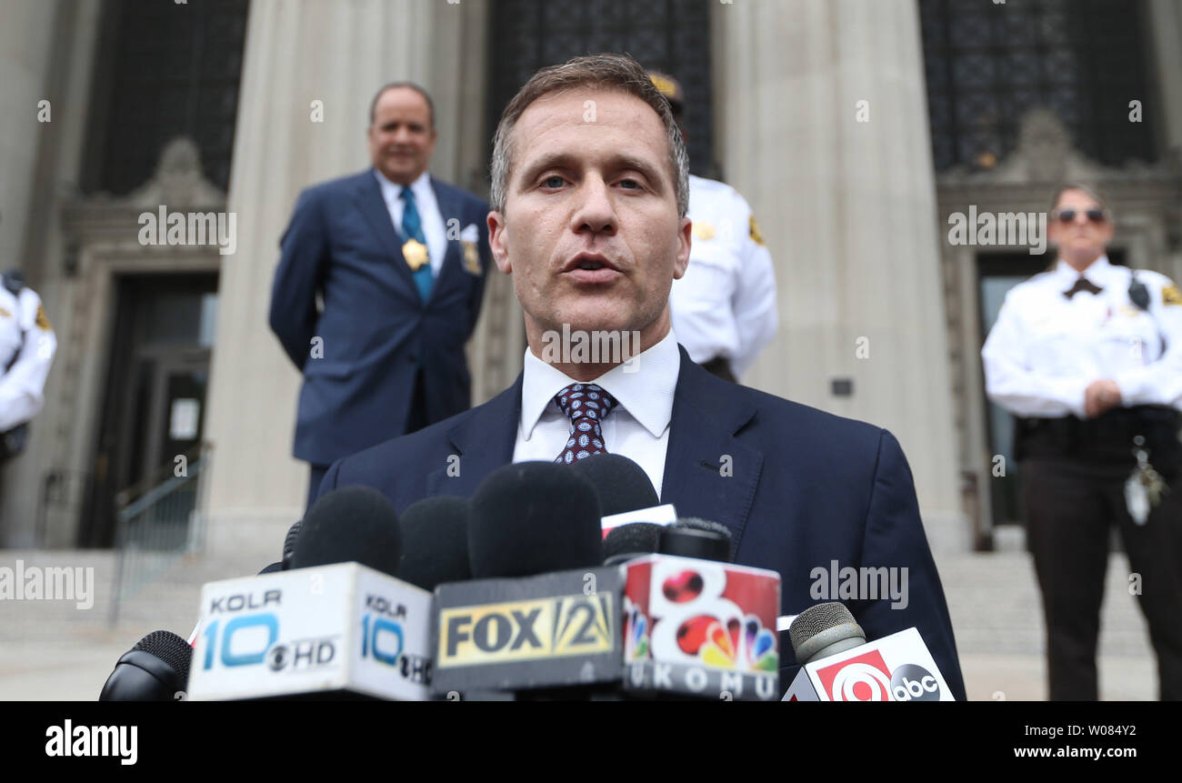 Missouri Governor Eric Greitens talks to reporters outside the Civil ...