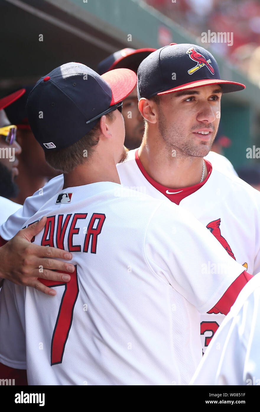 St. Louis Cardinals starting pitcher Jack Flaherty gets a hug from ...