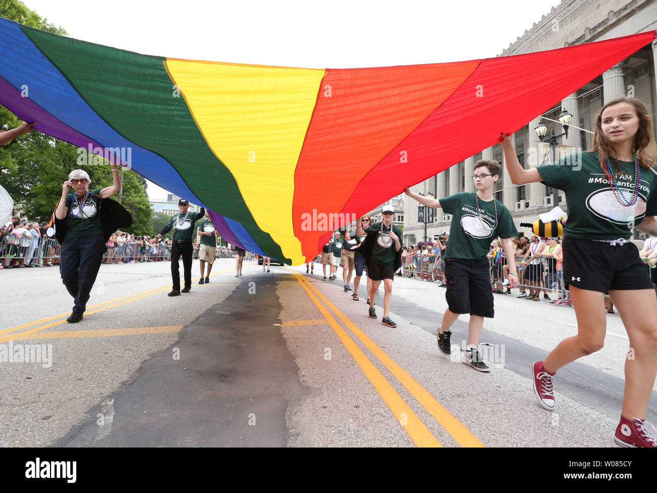 Marchers carry the LGBT pride flag during the St. Louis PrideFest ...