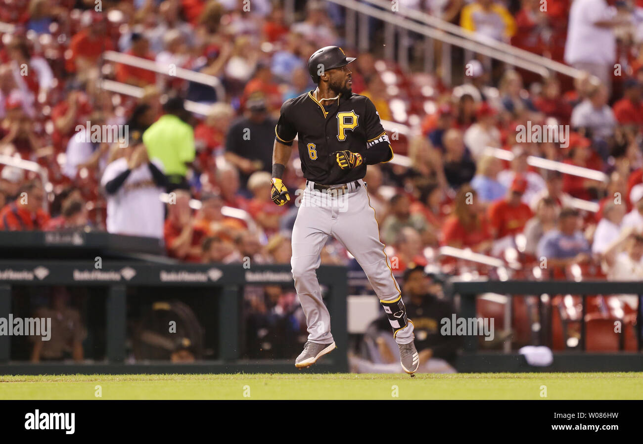 Pittsburgh Pirates Starling Marte looks back after rounding third base ...