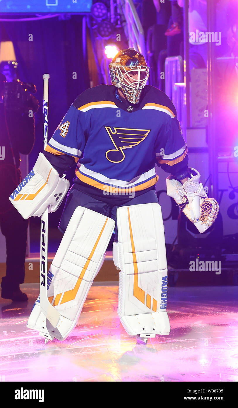 St. Louis Blues goaltender Jake Allen is introduced during opening ...