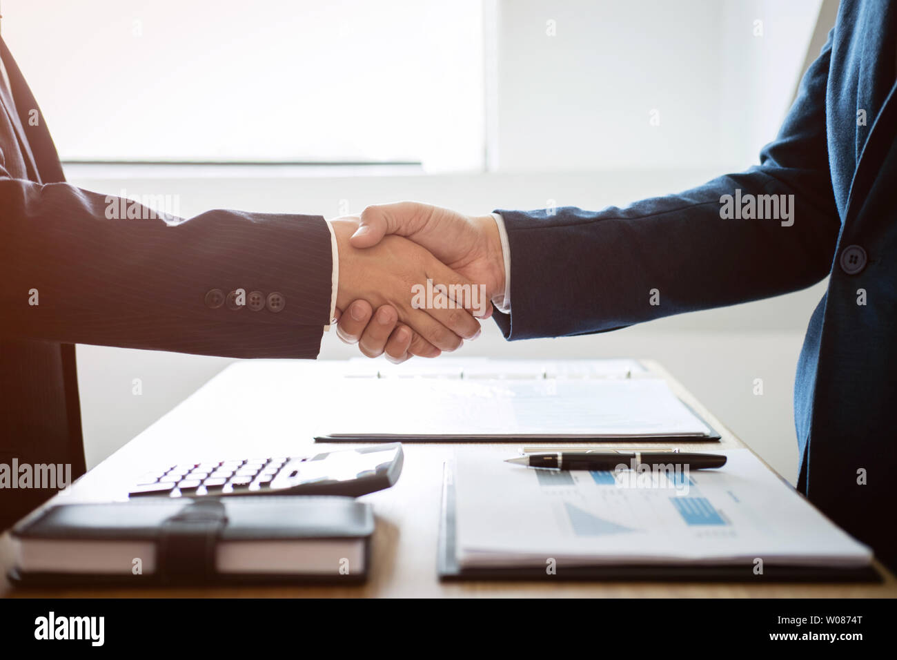 Finishing up a meeting, handshake of two happy business people after ...