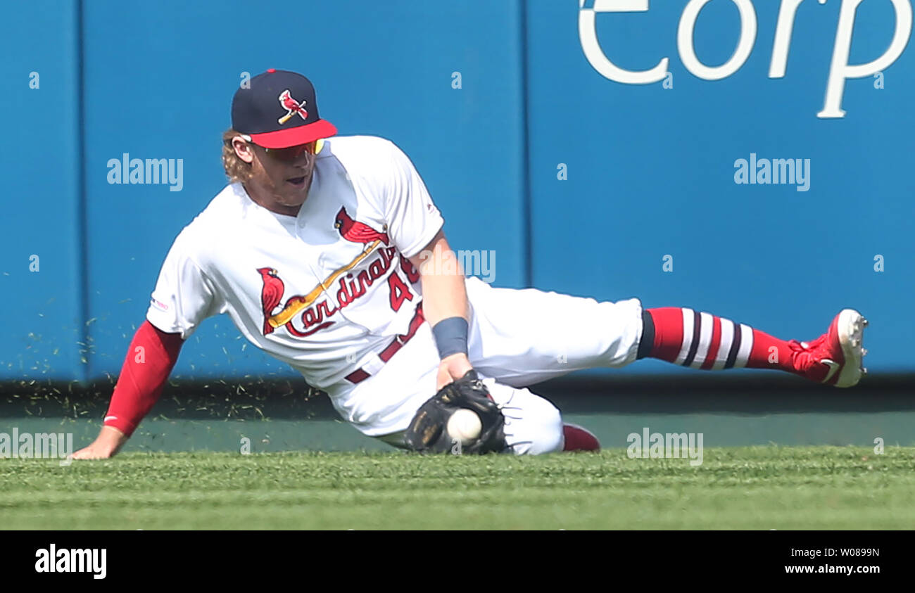 St. Louis Cardinals Harrison Bader makes a sliding stop on a baseball ...