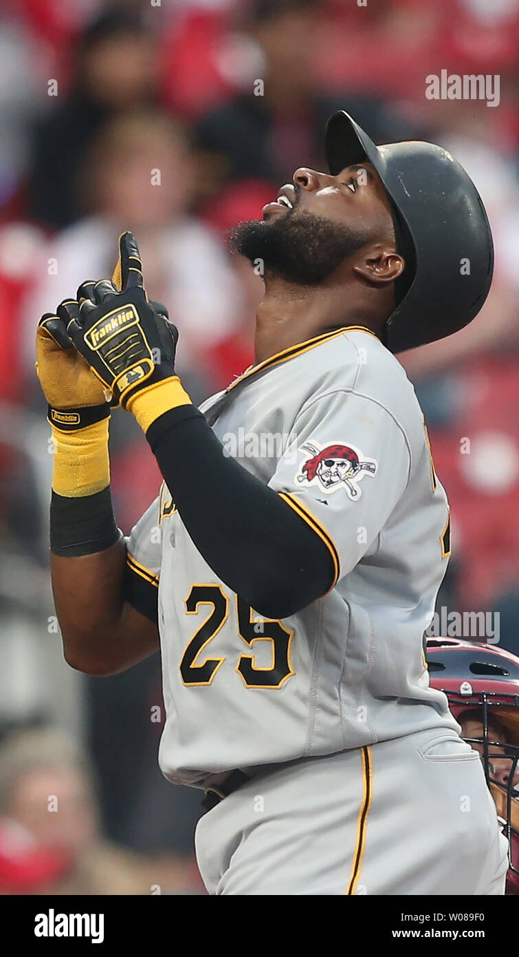 Pittsburgh Pirates Gregory Polanco looks skyward as he steps on home ...