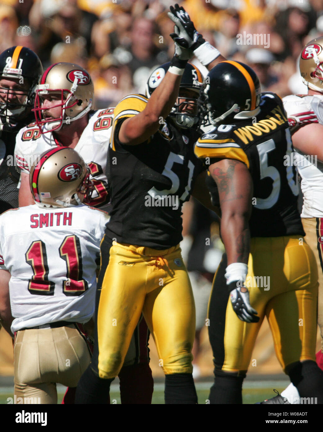 Pittsburgh Steelers LaMarr Woodley (56) and Larry Foote (51) celebrate ...